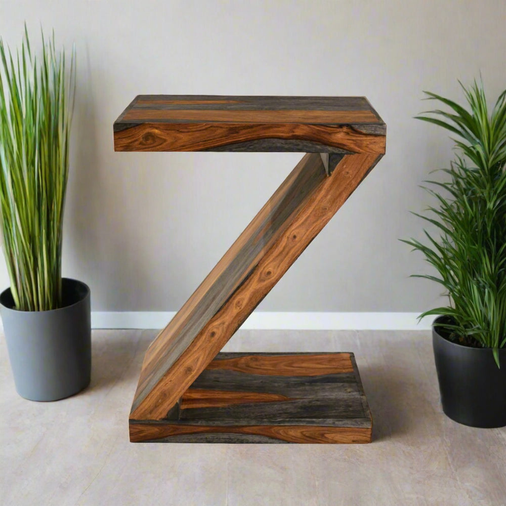 Solid Sheesham Wood Z Lamp Table / Goa Side Table / Dark Tint