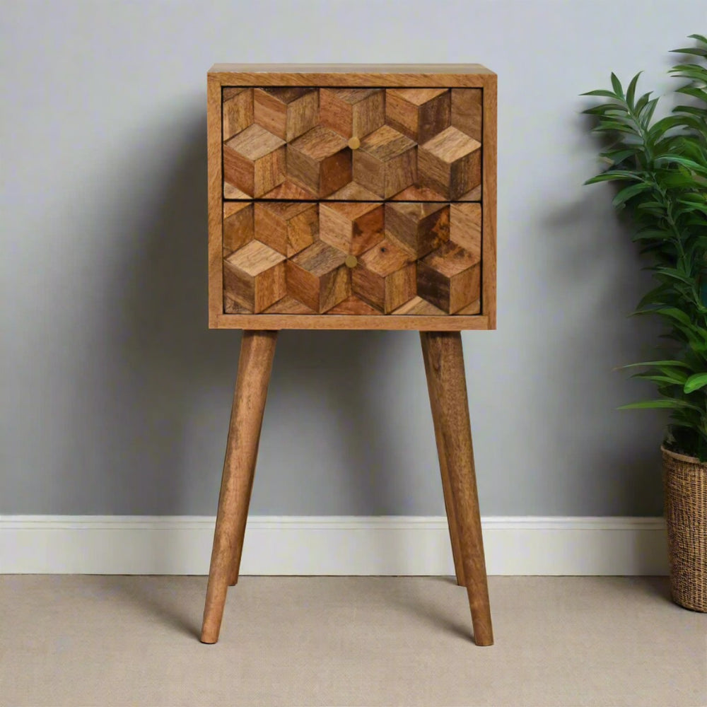 Mini Chestnut Cube Bedside - Carved Drawers -Mango Wood Side Table