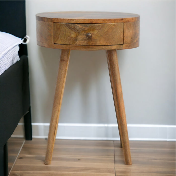 Nordic Circular Bedside Table / 1 Drawer / Handcrafted / Solid Mango
