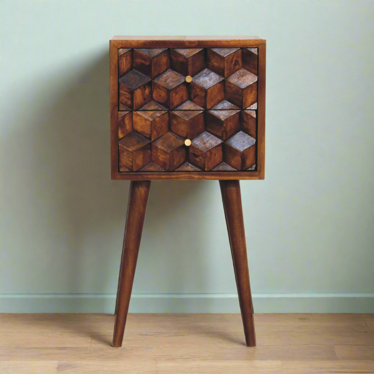Mini Chestnut Cube Bedside - Carved Drawers -Mango Wood Side Table