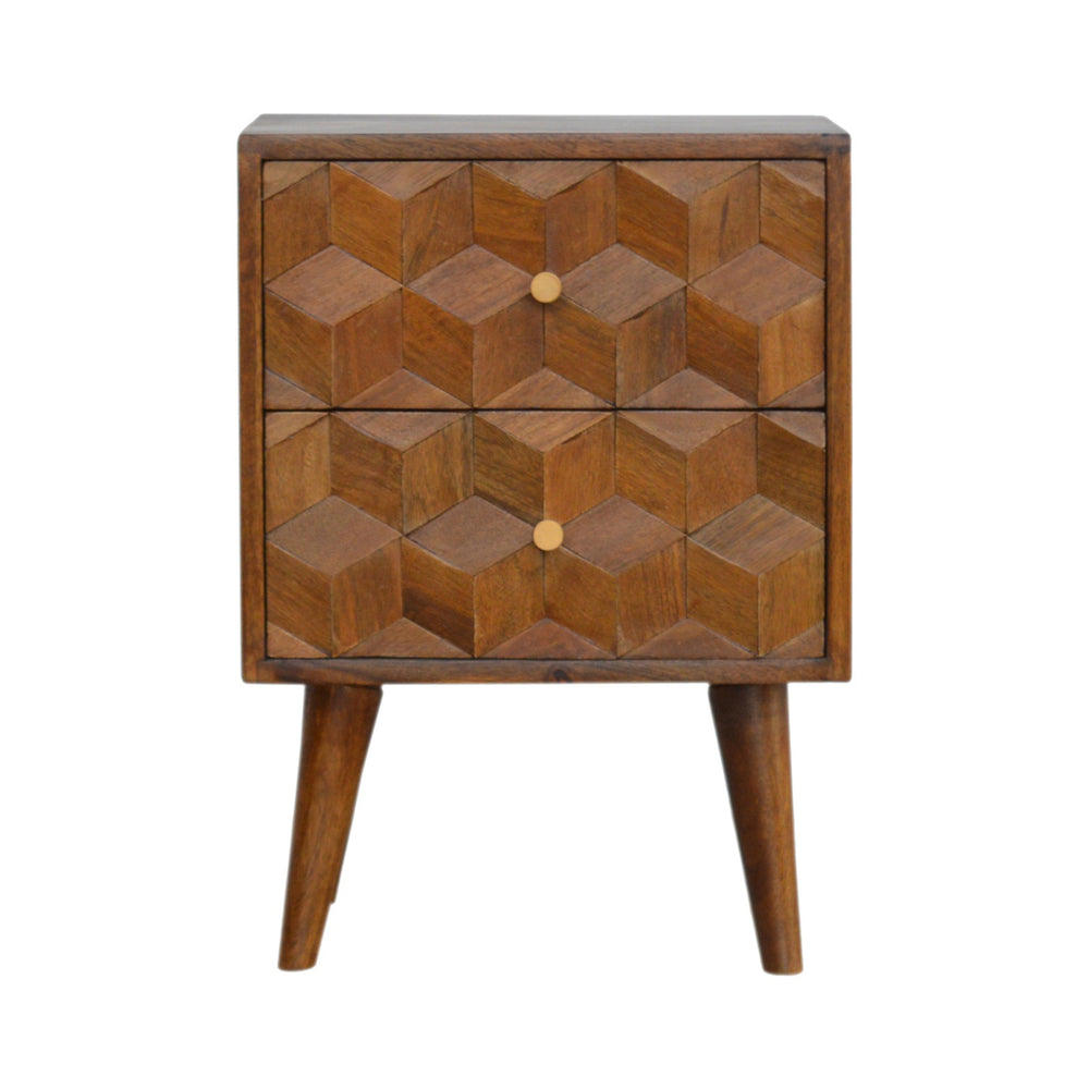 Chestnut Cube Carved Bedside Table / Mango Wood