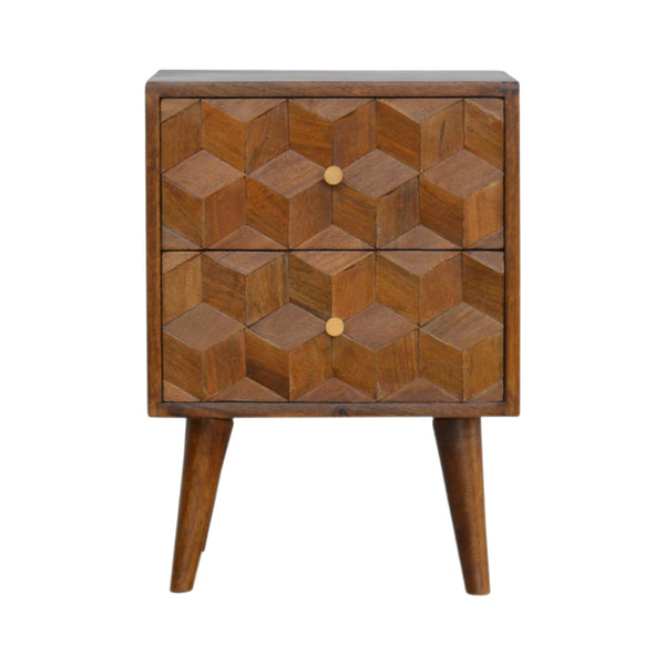 Chestnut Cube Carved Bedside Table / Mango Wood