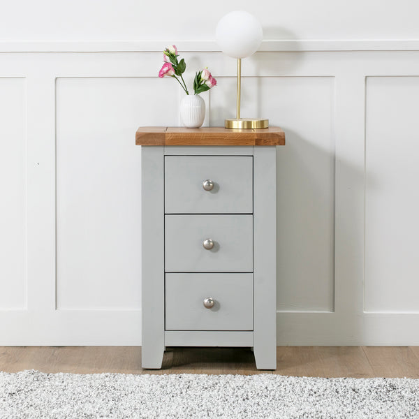 Chunky French Grey Bedside Table with Oak Top / Side Table / 3 Drawers