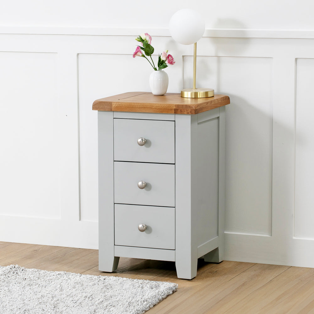 Chunky French Grey Bedside Table with Oak Top / Side Table / 3 Drawers