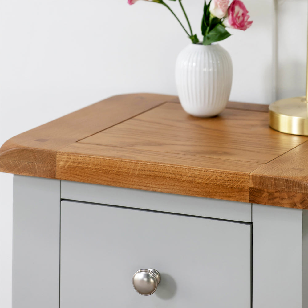 Chunky French Grey Bedside Table with Oak Top / Side Table / 3 Drawers