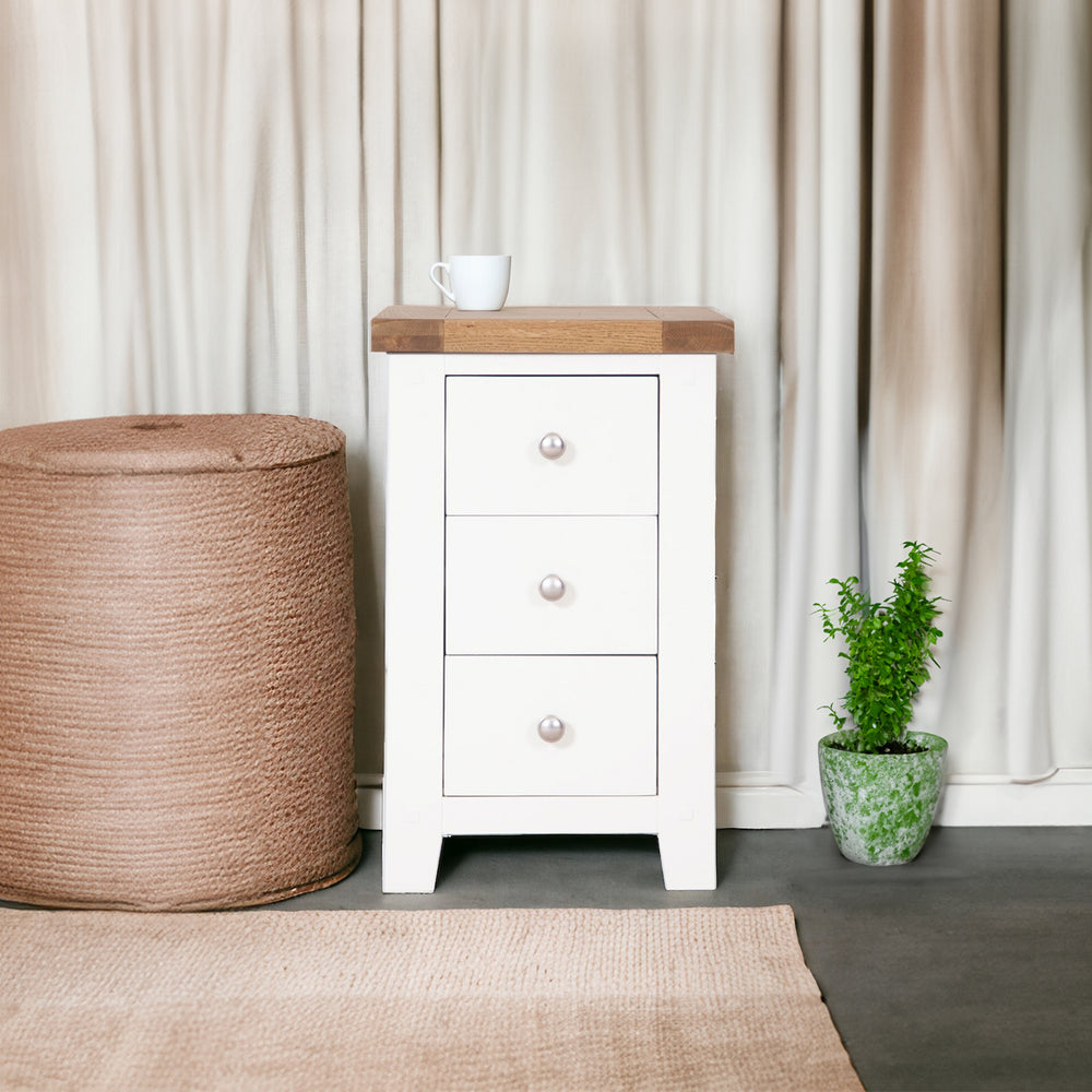 Chunky White Bedside Table with Oak Top / Side Table / 3 Drawers