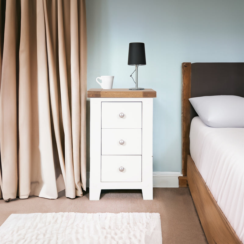 Chunky White Bedside Table with Oak Top / Side Table / 3 Drawers