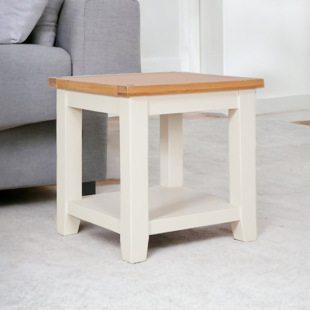 White Painted Square Lamp Table with Oak Top / Side Table / Sofa Table